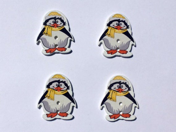4 Wooden Penguin Buttons Yellow Scarf Penguins Wooden - Etsy