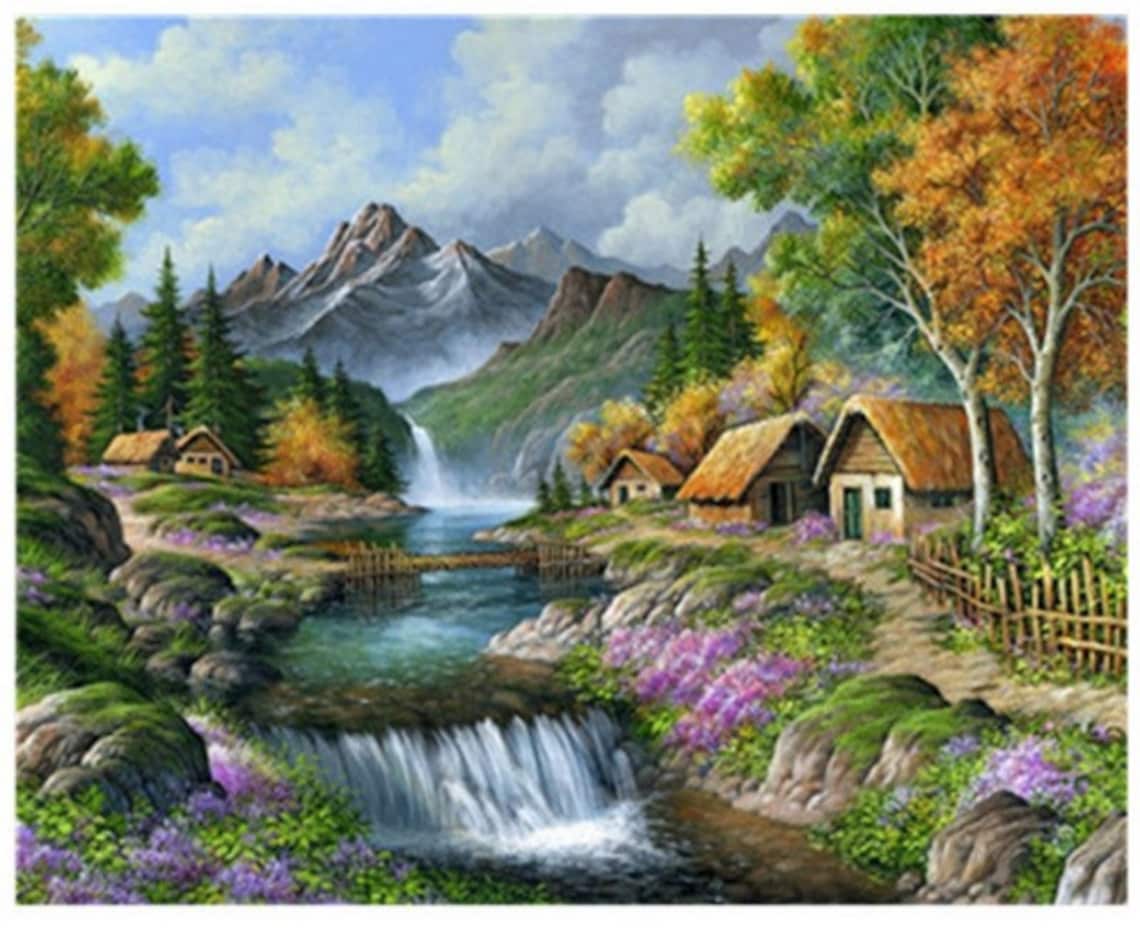 Landschaft Malen nach Zahlen Kit Wald Cottage Wasserfall DIY | Etsy