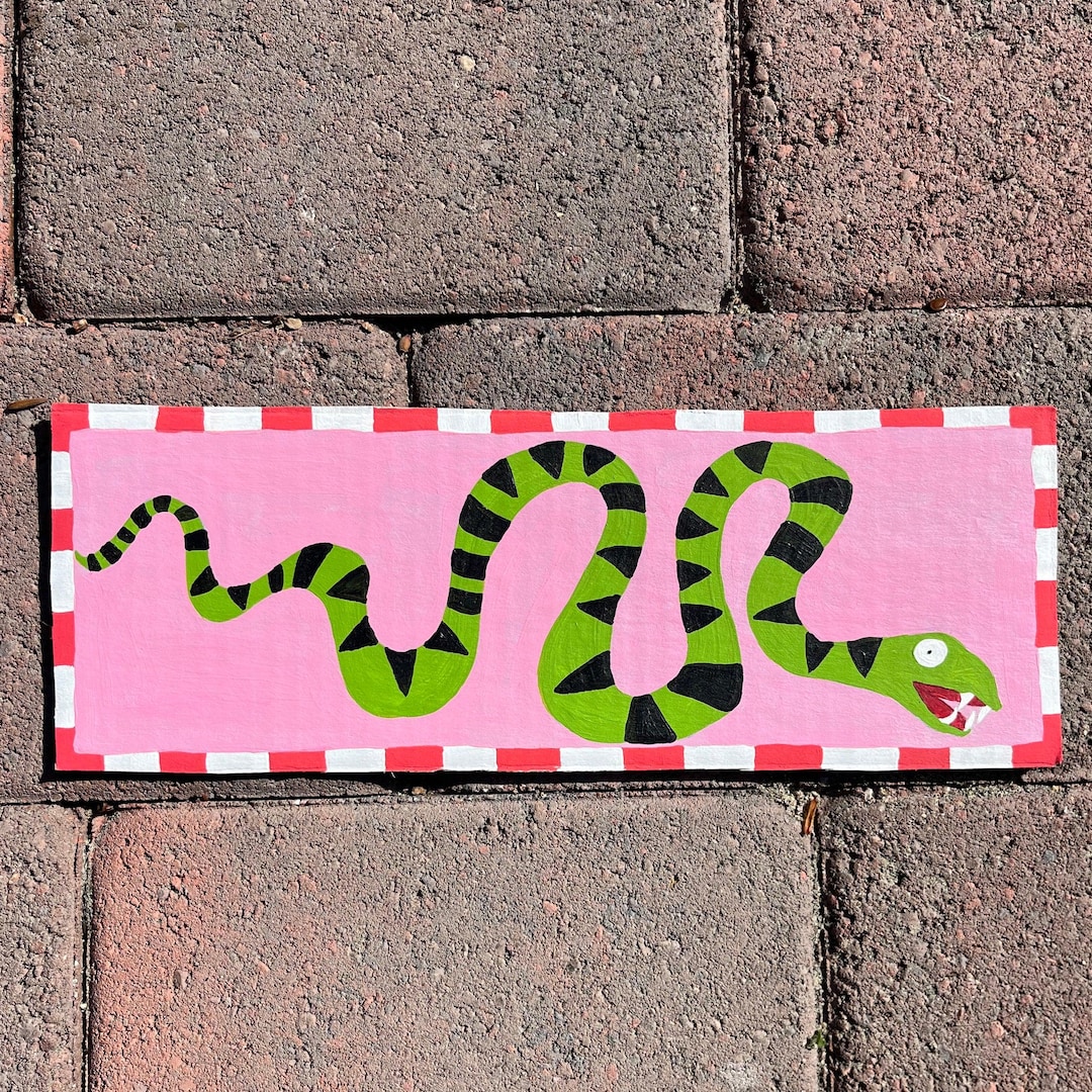 Smiling Snake Painting – Original Art on Recycled Cardboard – Pink and ...
