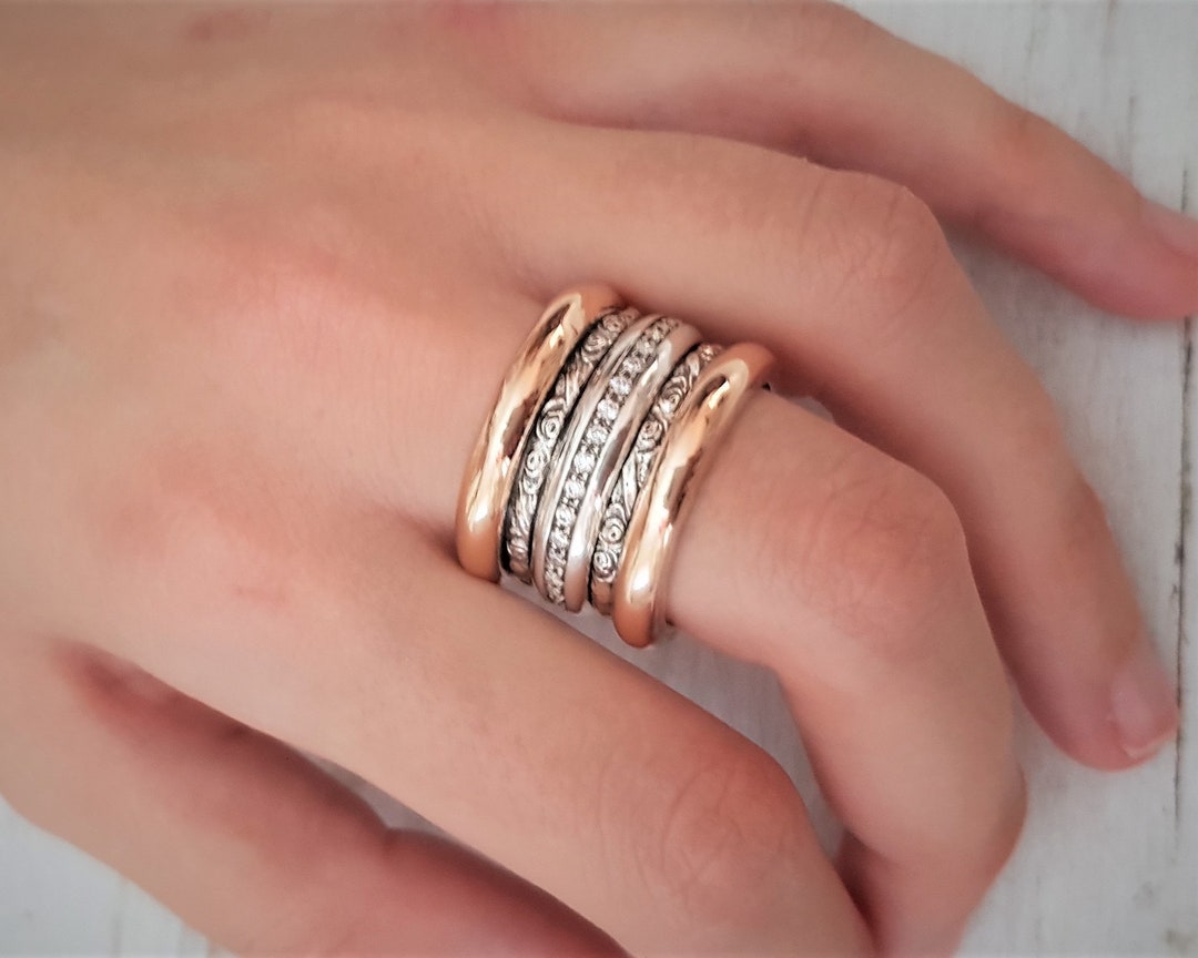 Gold and Silver Spinner Ring, 9k Gold Ring, Zircons Ring, Ring for ...