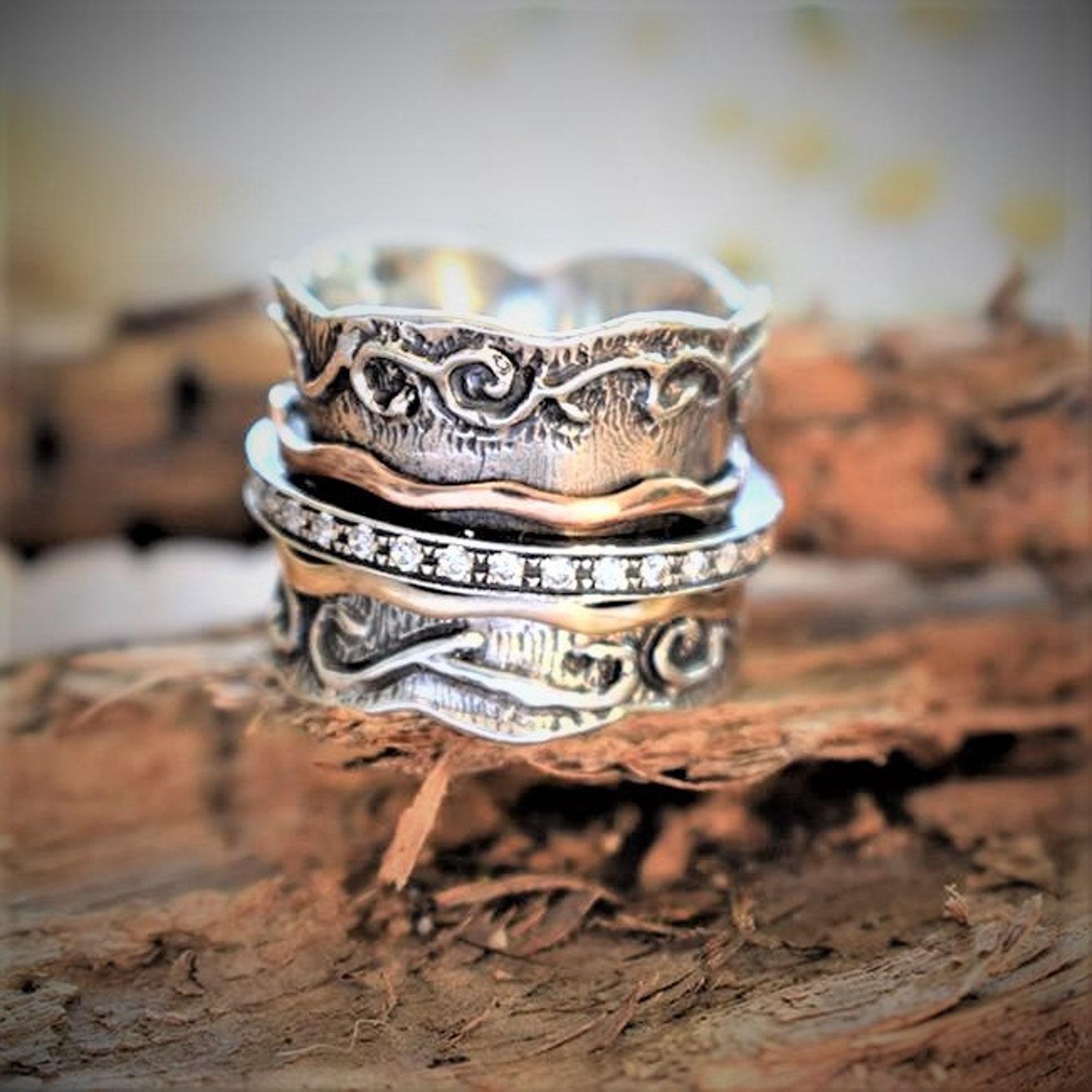 Raw Gemstone Ring Fidget Wave Ring | Etsy