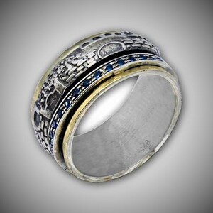Gold and Silver Jerusalem Ring, Jewish Wedding Ring, Opal Spinner Ring ...