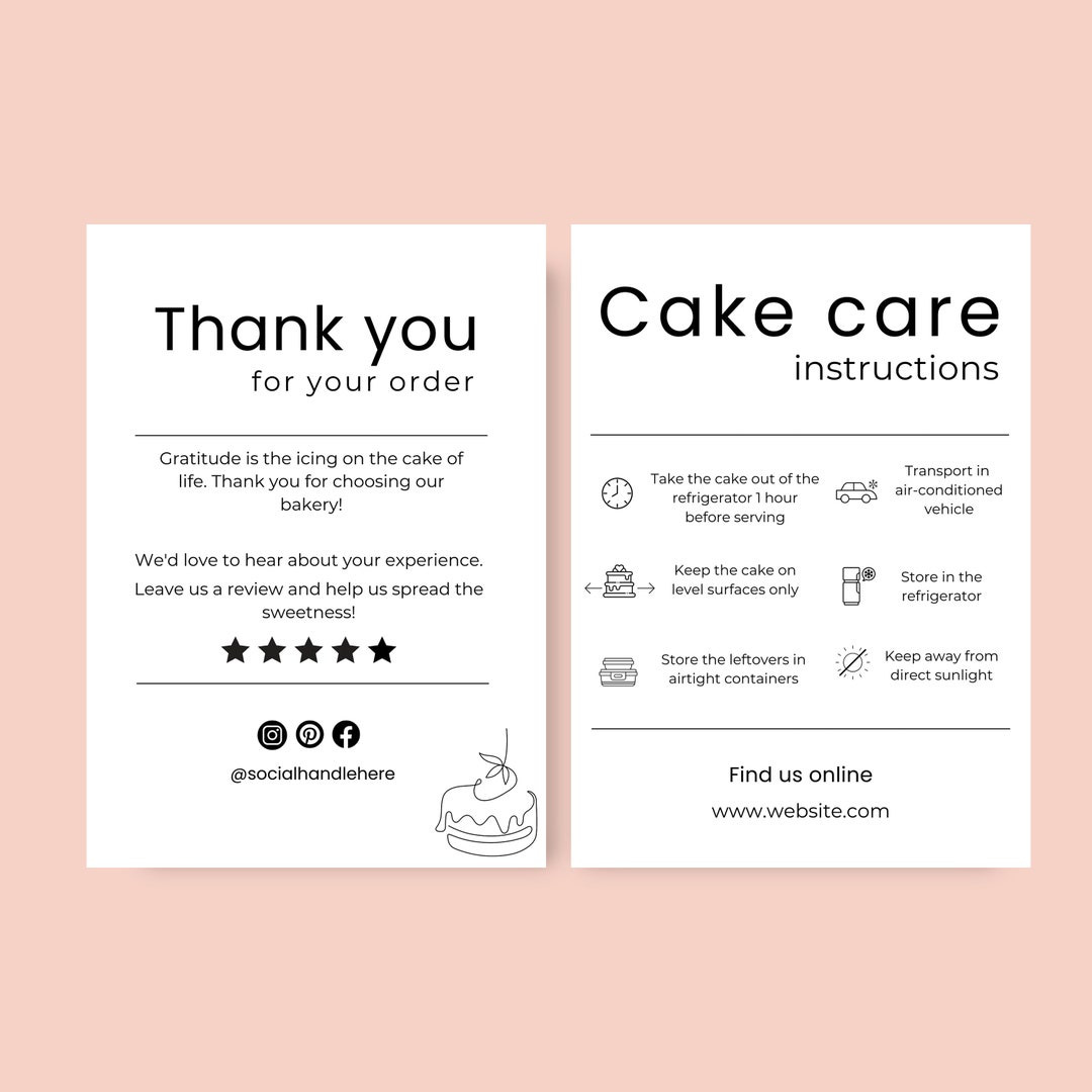Cake Care Card, Thank You Business Card, Cake Instructions, Cake ...