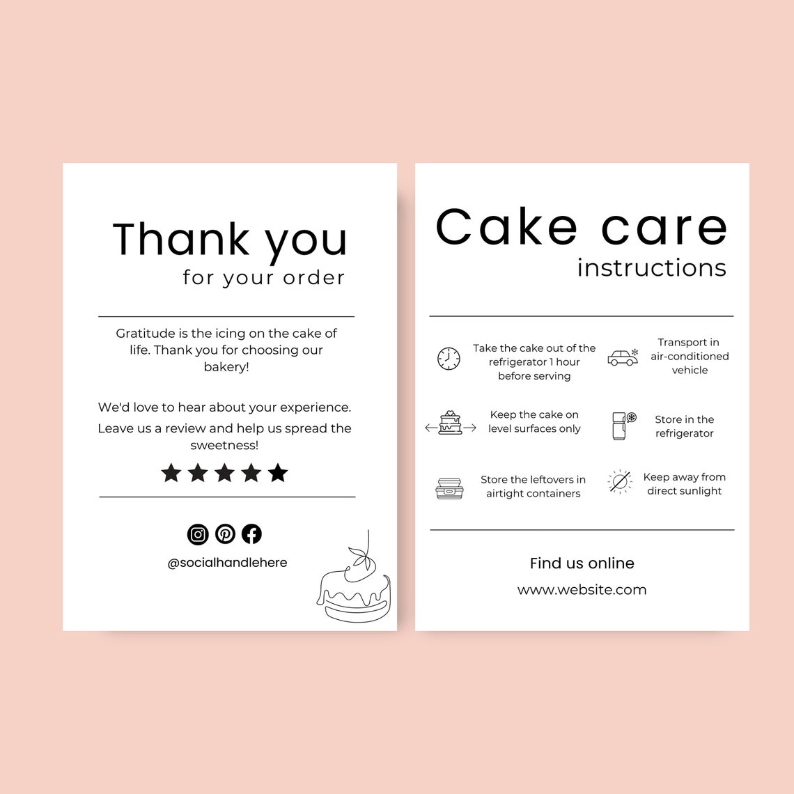 Cake Care Card, Thank You Business Card, Cake Instructions, Cake ...