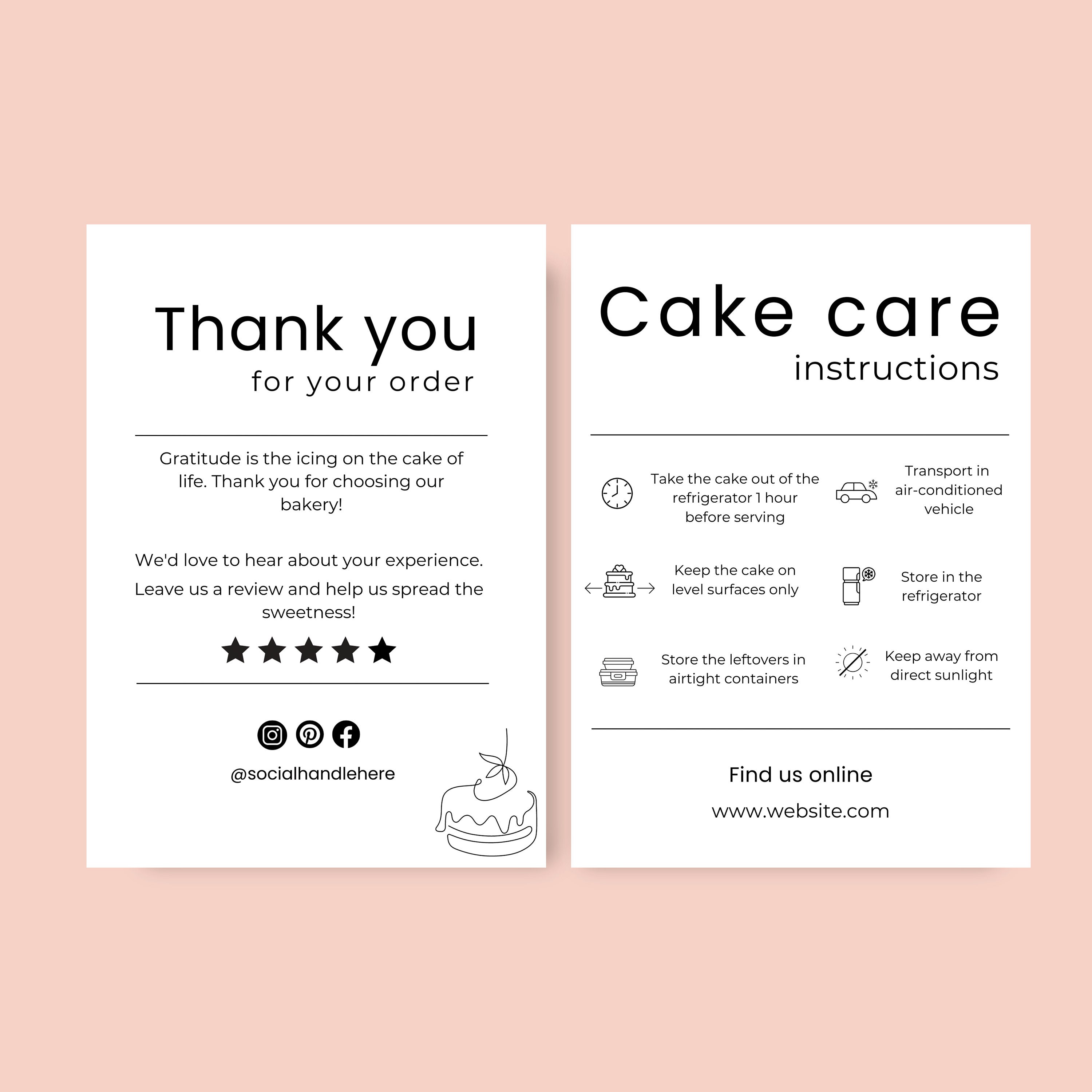 Cake Care Card, Thank You Business Card, Cake Instructions, Cake ...