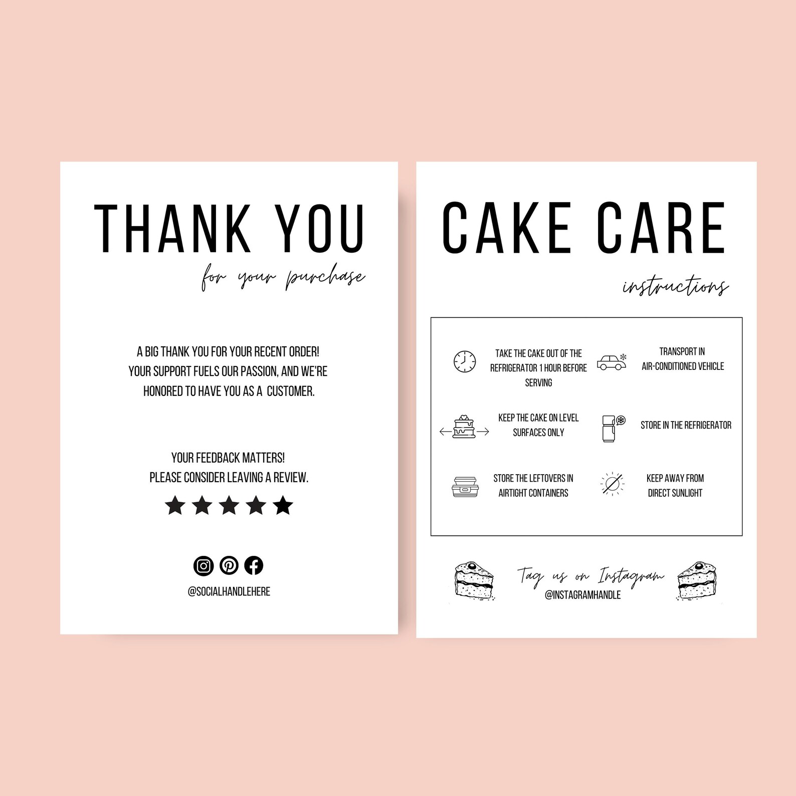 Thank You Business Card, Cake Care Card, Cake Instructions Card ...