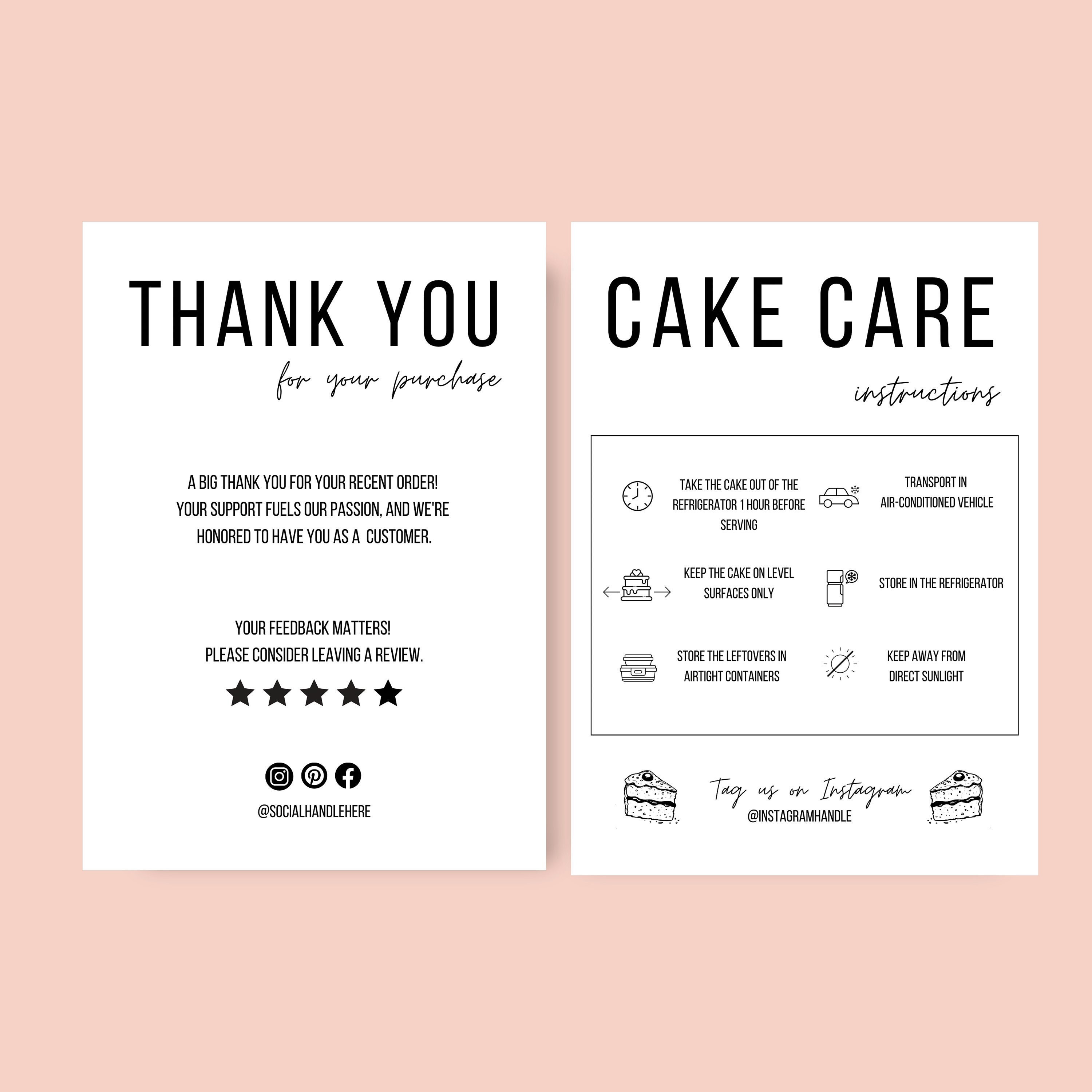 Thank You Business Card, Cake Care Card, Cake Instructions Card ...