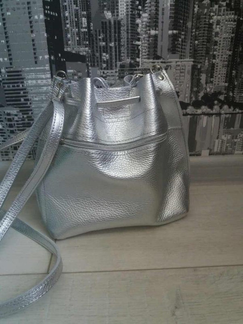 Leather Bucket Bag Leather Bucket Drawstring Bag Silver - Etsy
