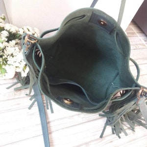 Leather Bucket Bag Fringe Green Crossbody Leather Bag Women - Etsy