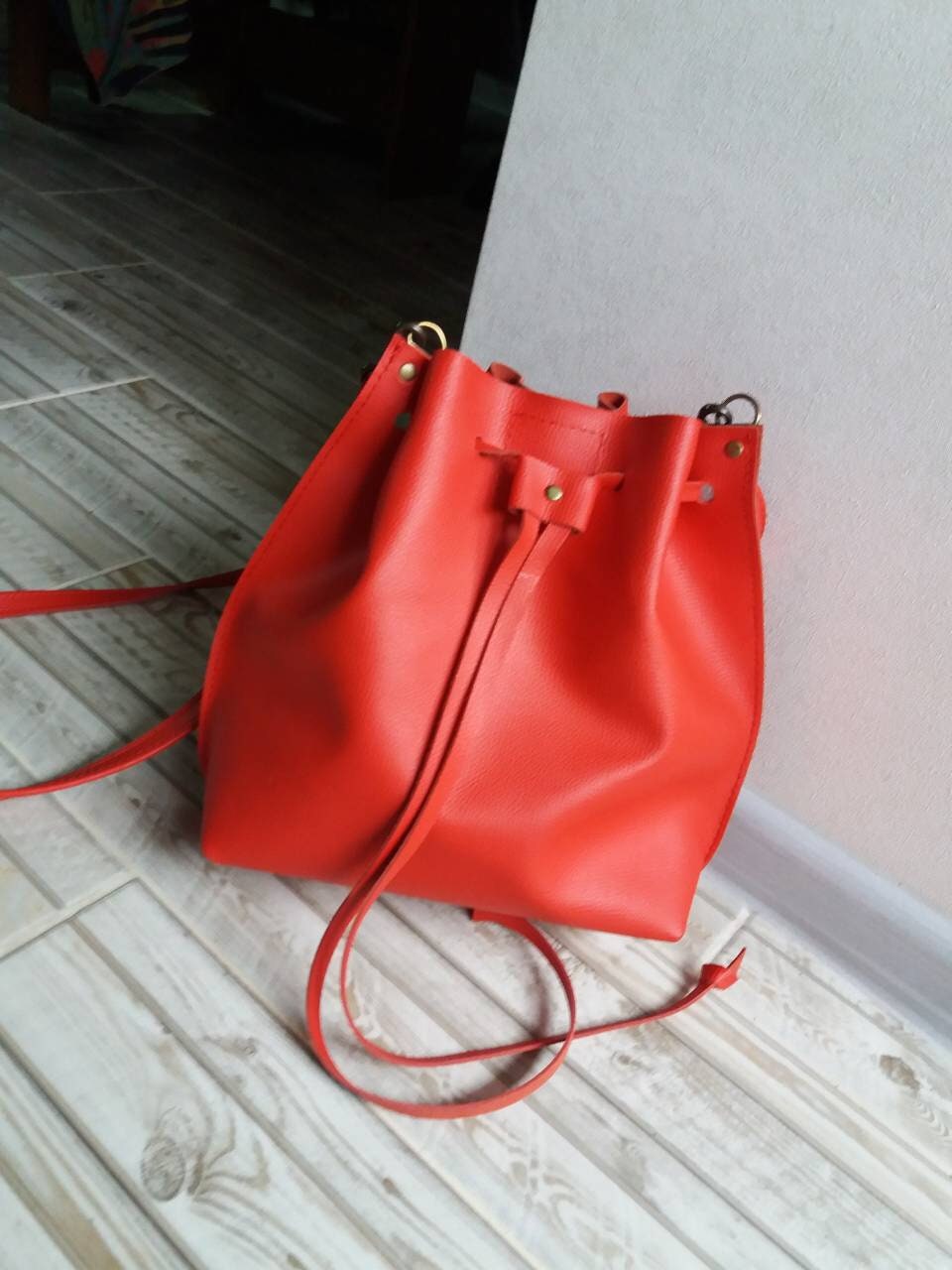 Red Leather Bucket Bag Drawstring Bag Leather Crossbody Bag - Etsy