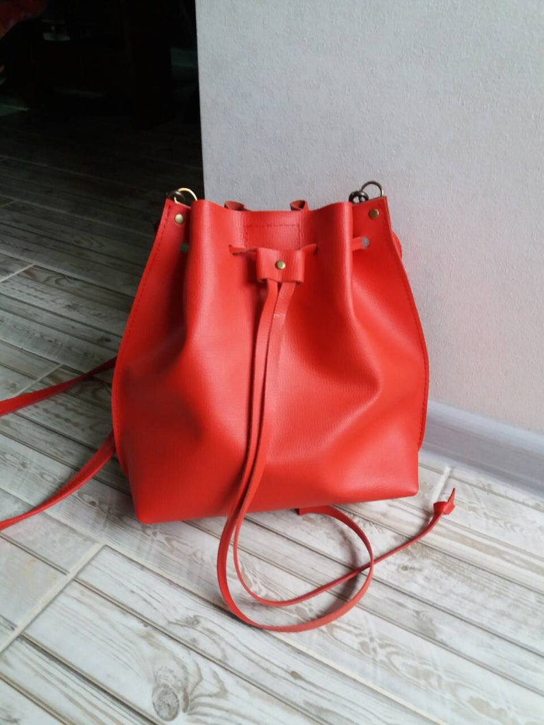 Red Leather Bucket Bag Drawstring Bag Leather Crossbody Bag - Etsy