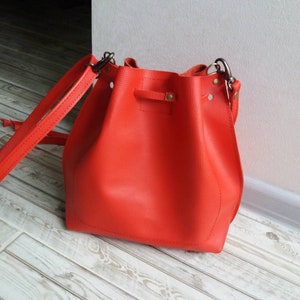 Red Leather Bucket Bag Drawstring Bag Leather Crossbody Bag - Etsy