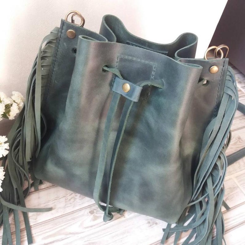Leather Bucket Bag Fringe Green Crossbody Leather Bag Women - Etsy