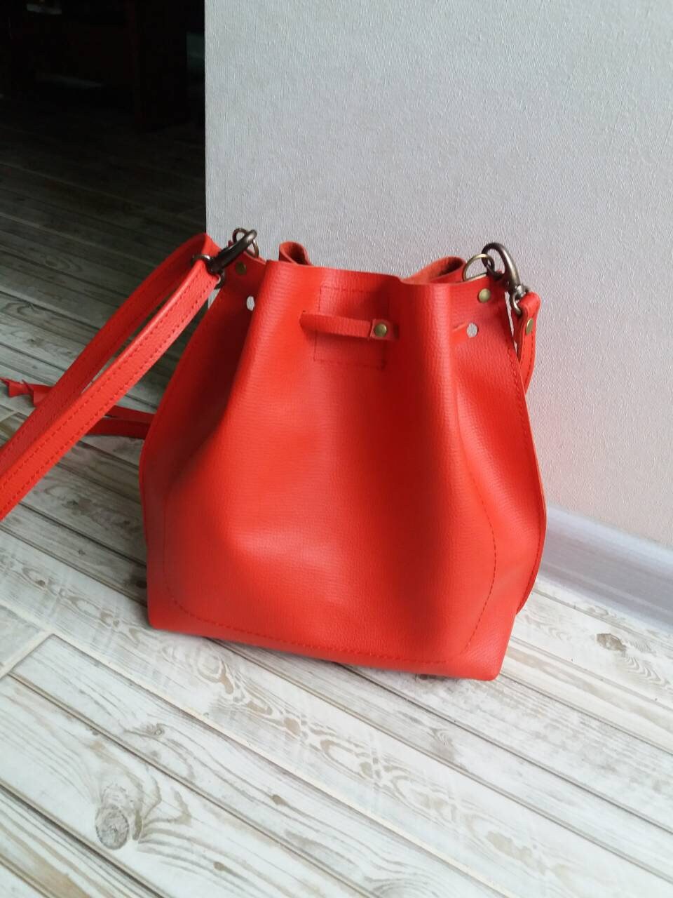 Red Leather Bucket Bag Drawstring Bag Leather Crossbody Bag - Etsy