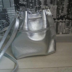 Leather Bucket Bag Leather Bucket Drawstring Bag Silver - Etsy
