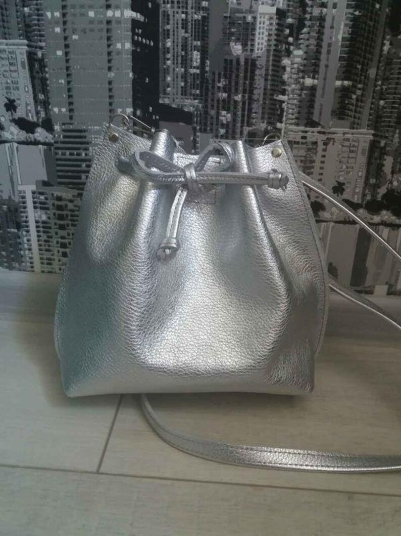 Leather Bucket Bag Leather Bucket Drawstring Bag Silver - Etsy