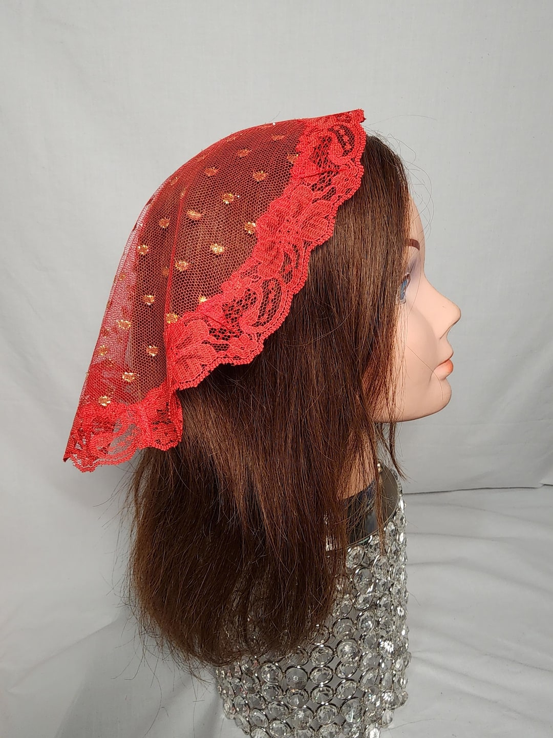 11"handmade Red and Gold Polka Dot Chapel Veil With Lace Trim - Etsy