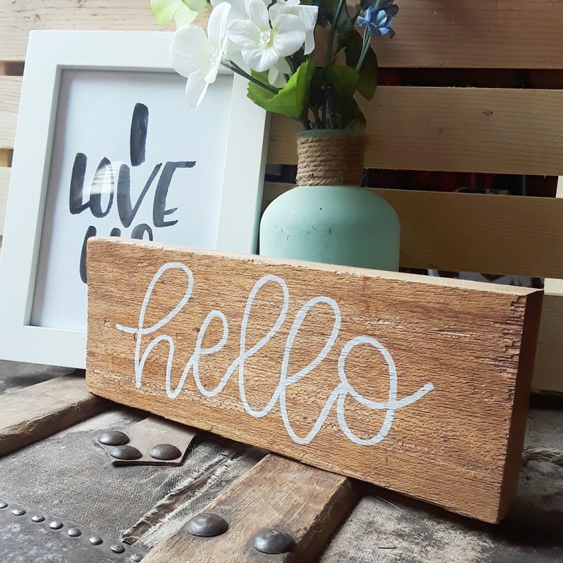 Hello Reclaimed Wood Sign Small Sign Hand Lettered | Etsy