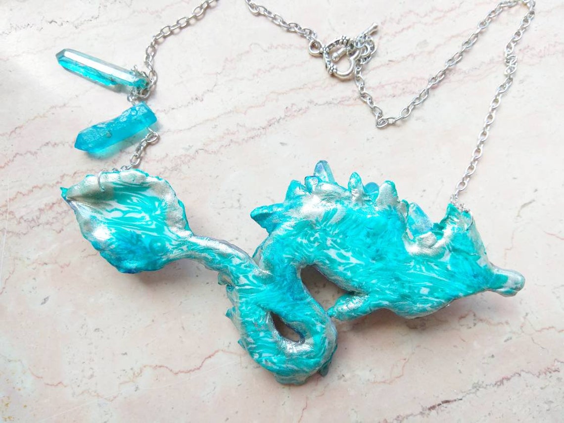Blue quartz Crystal dragon necklace statement fantasy | Etsy