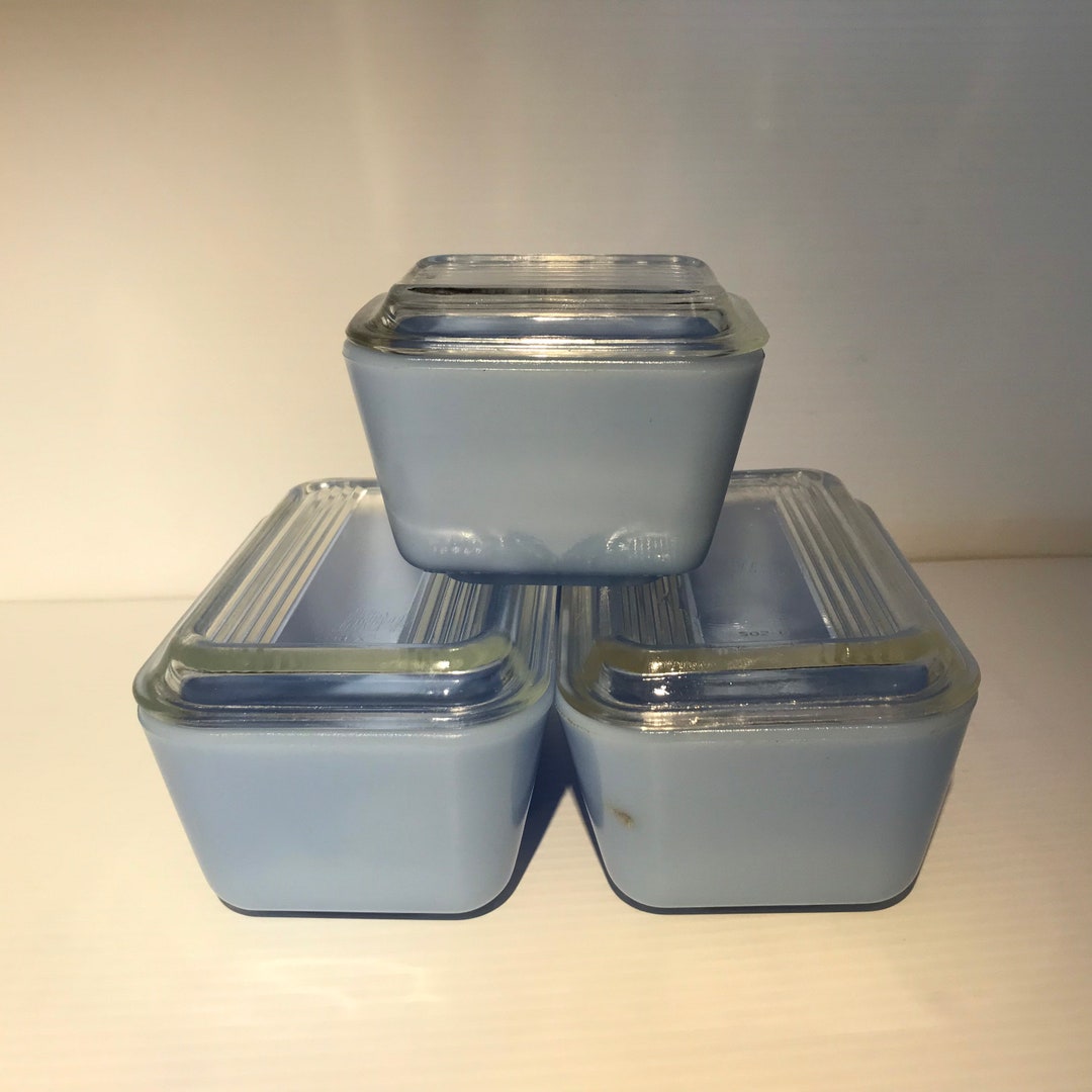 Vintage 40s Delphite Pyrex Blue Refrigerator Fridgie Set, 501, Made in ...