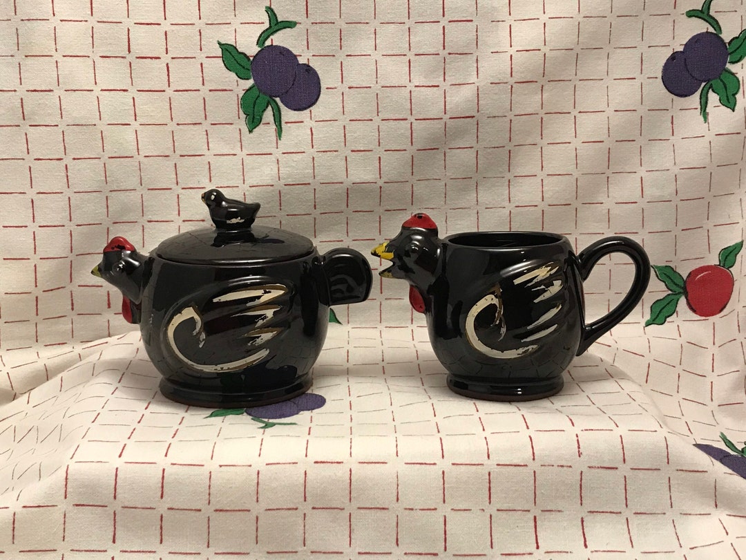 Vintage 50s Black Redware Chicken Cream and Lidded Sugar Set - Etsy