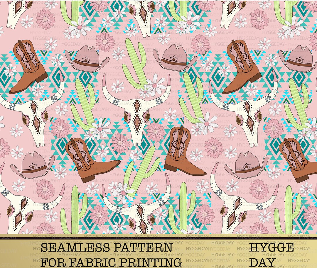 Western Boho Cowgirl, Boots, Cute ,cactus ,seamless, Western Pattern ...