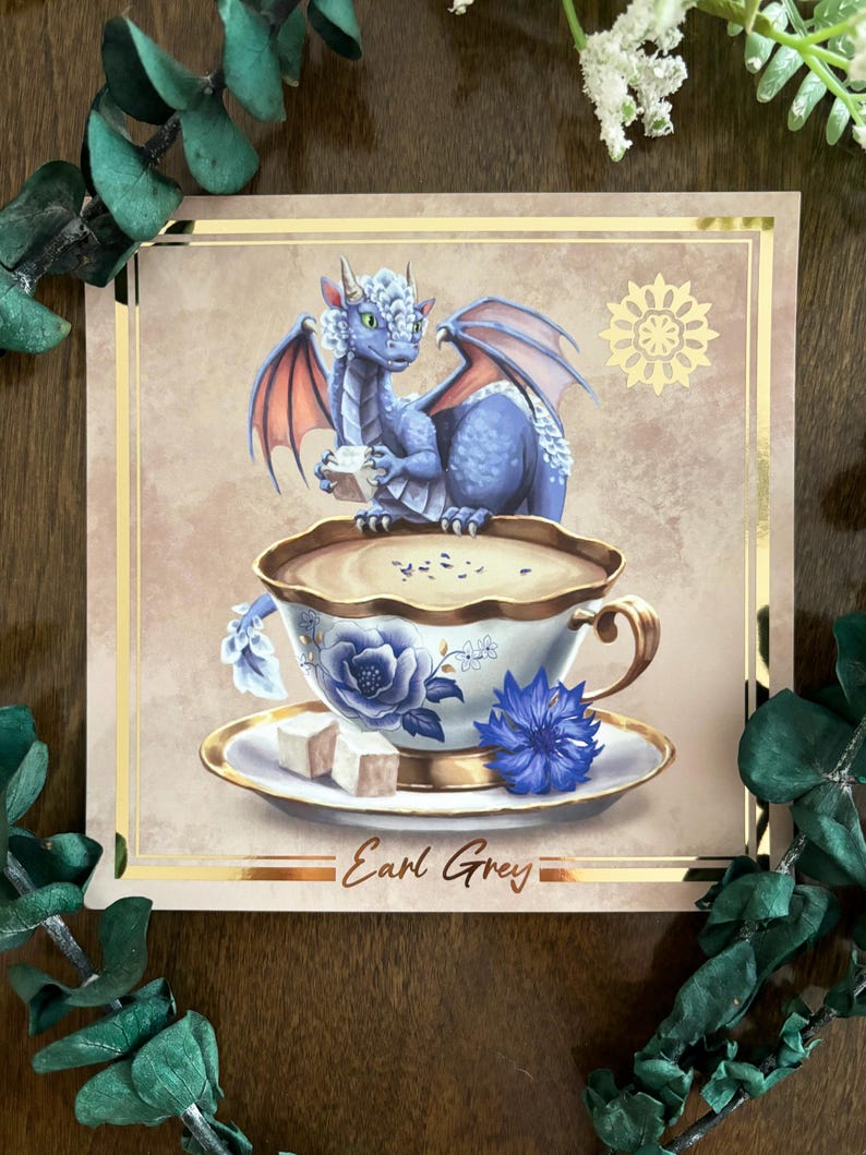 Earl Grey - Tea Dragon Gold Foil Mini Prints - Whimsical Fantasy Dragon ...