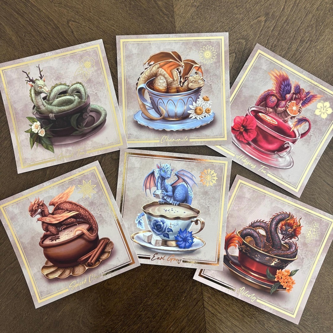 Tea Dragon Gold Foil Mini Print Set - Whimsical Fantasy Dragon ...