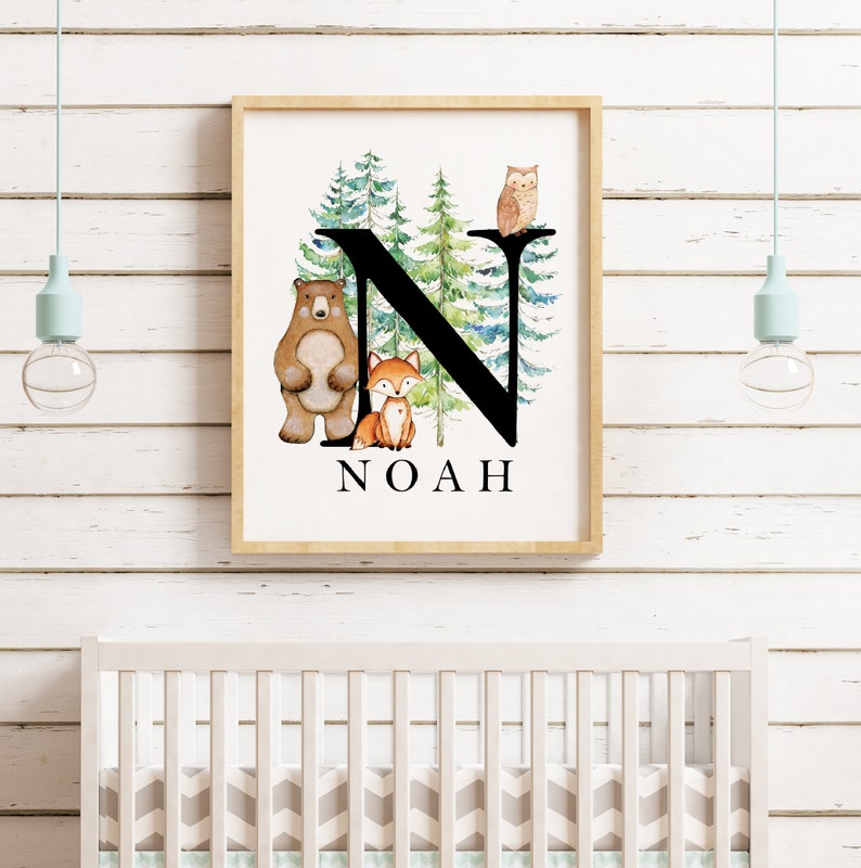 Custom Name Print Woodland Nursery Print Monogram Art Print | Etsy