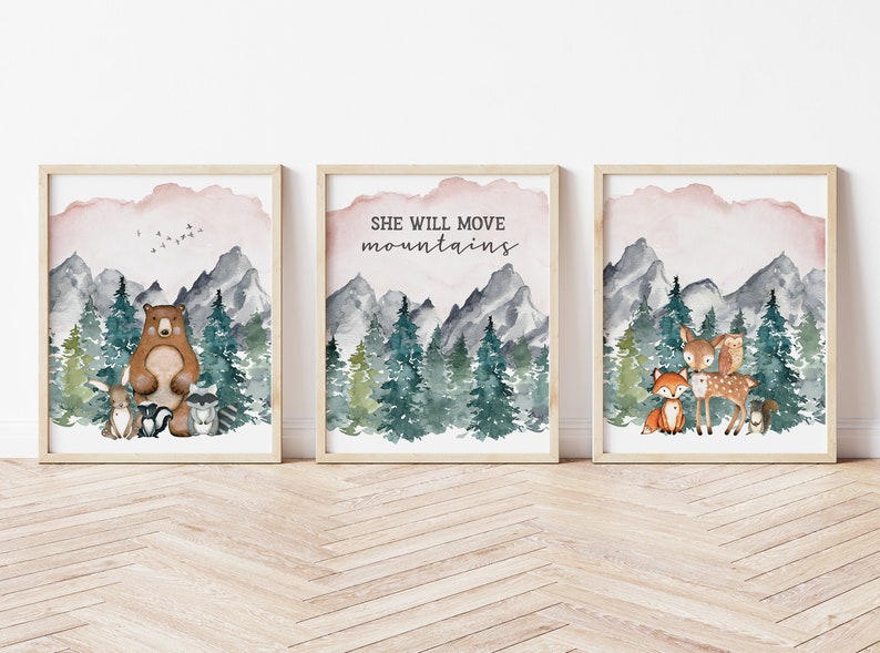 She Will Move Mountains Art Print Pink Woodland Nursey Wall | Etsy