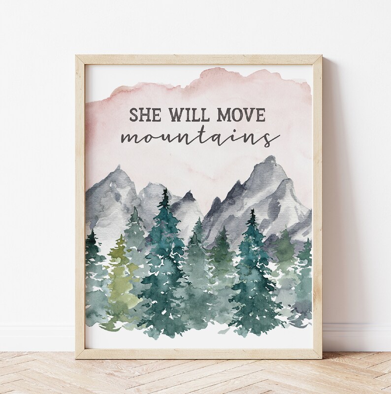 She Will Move Mountains Art Print Pink Woodland Nursey Wall | Etsy