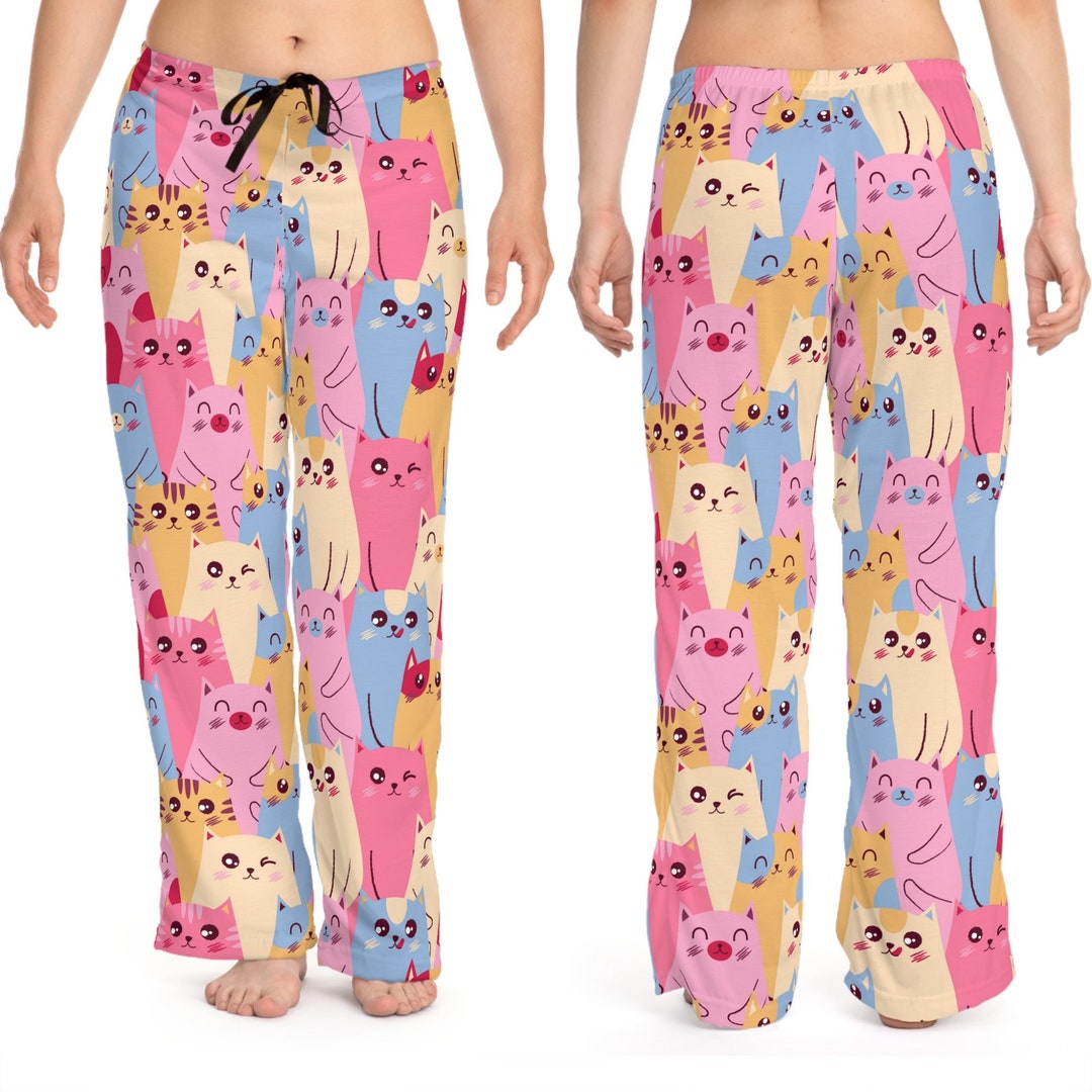 Cute Cat Pajamas Lounge Pants / Pink Pastel Cartoon Kitty Pattern ...