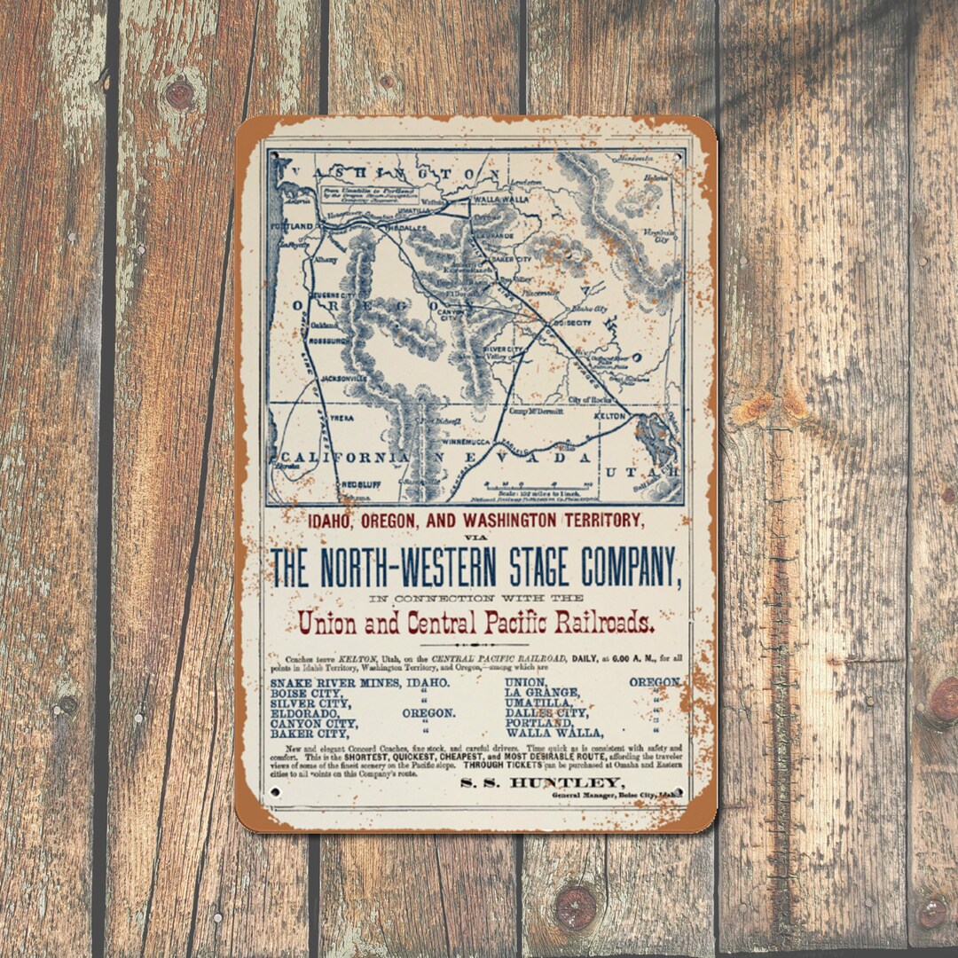 1876 North Western Stage Map 8"x12" Metal Sign / Idaho Oregon ...