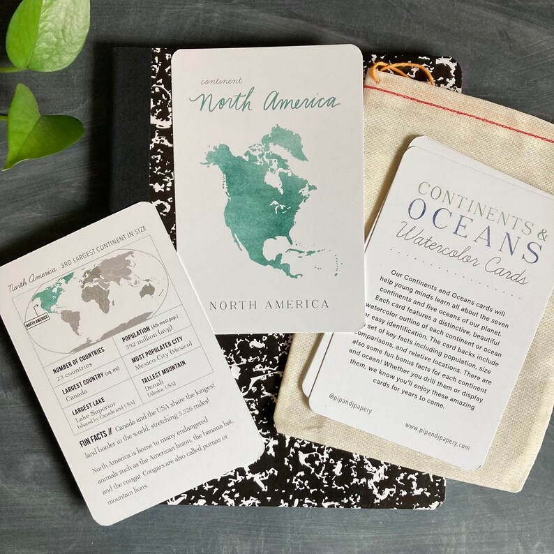 Continents and Oceans Watercolor Cards Continent Flash Cards - Etsy