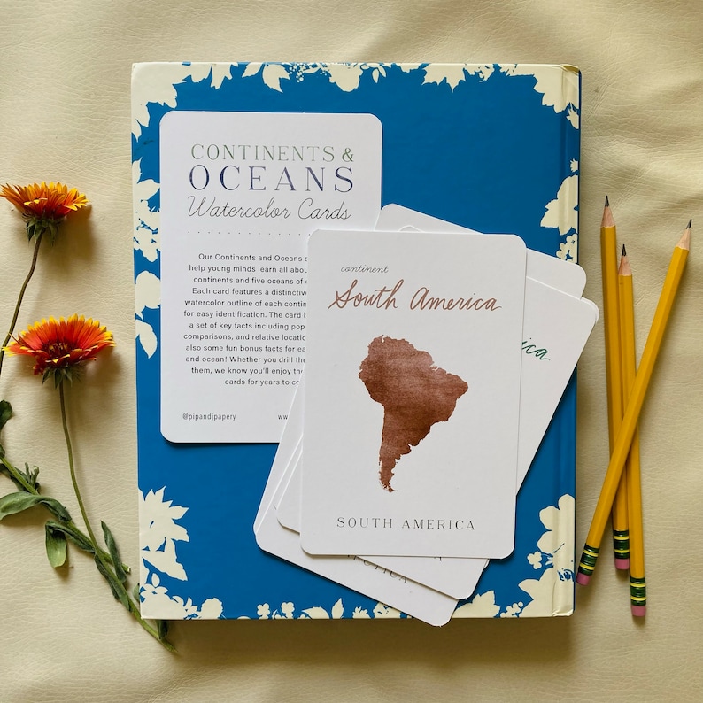 Continents and Oceans Watercolor Cards Continent Flash Cards - Etsy