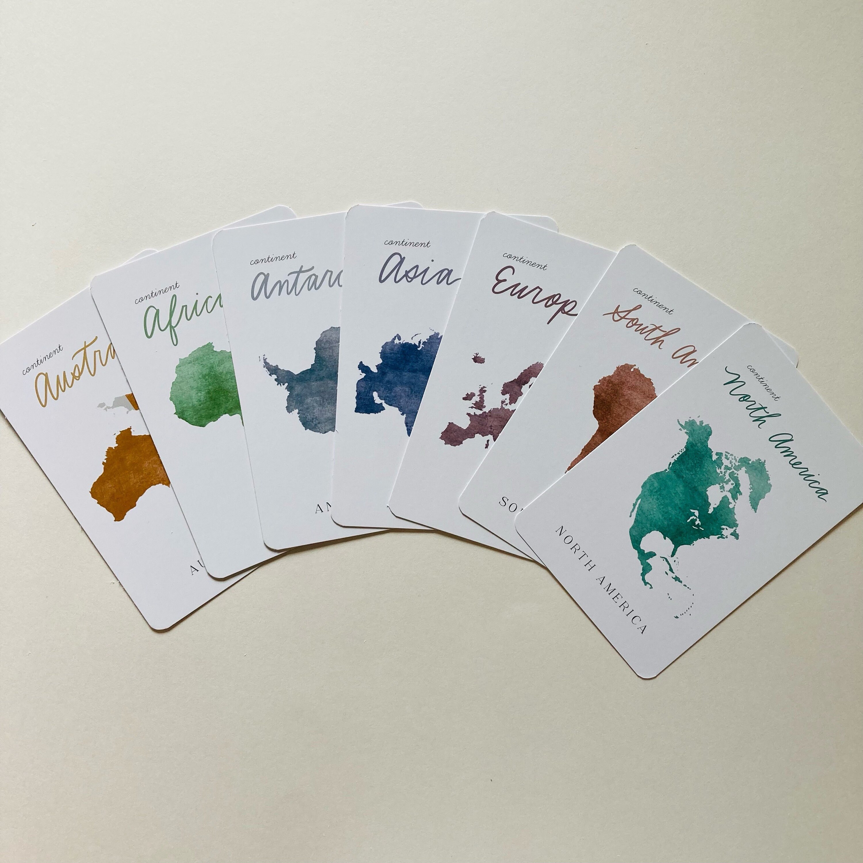 Continents and Oceans Watercolor Cards Continent Flash Cards - Etsy