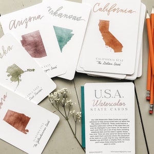 USA Watercolor State Cards - USA Flash Cards - USA Fact Cards ...