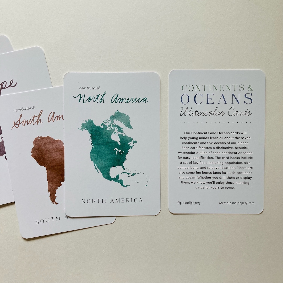 Watercolor Continent & Ocean Flash Cards - Homeschool Geography - Etsy