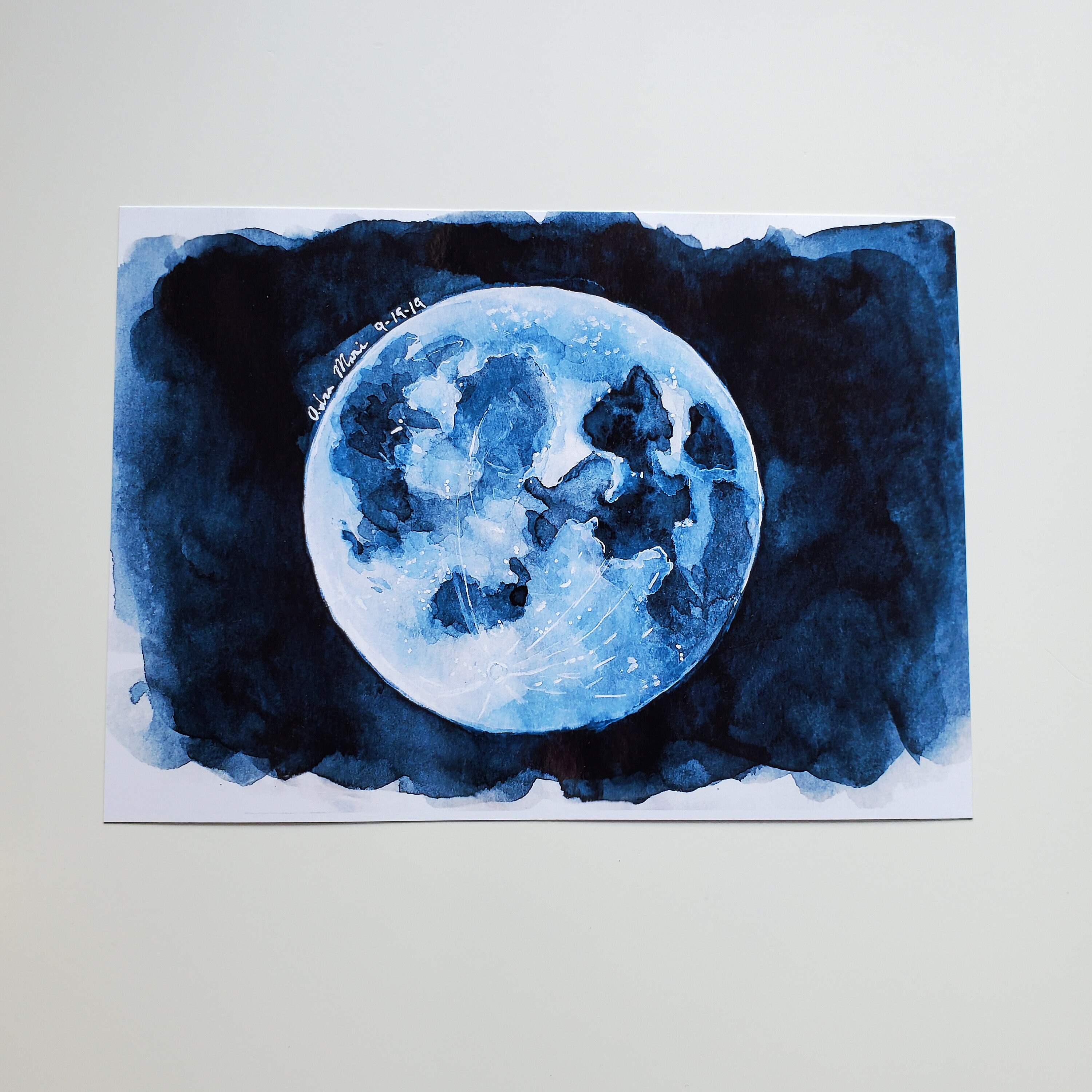 Blue Full Moon Watercolor Art Print | Etsy