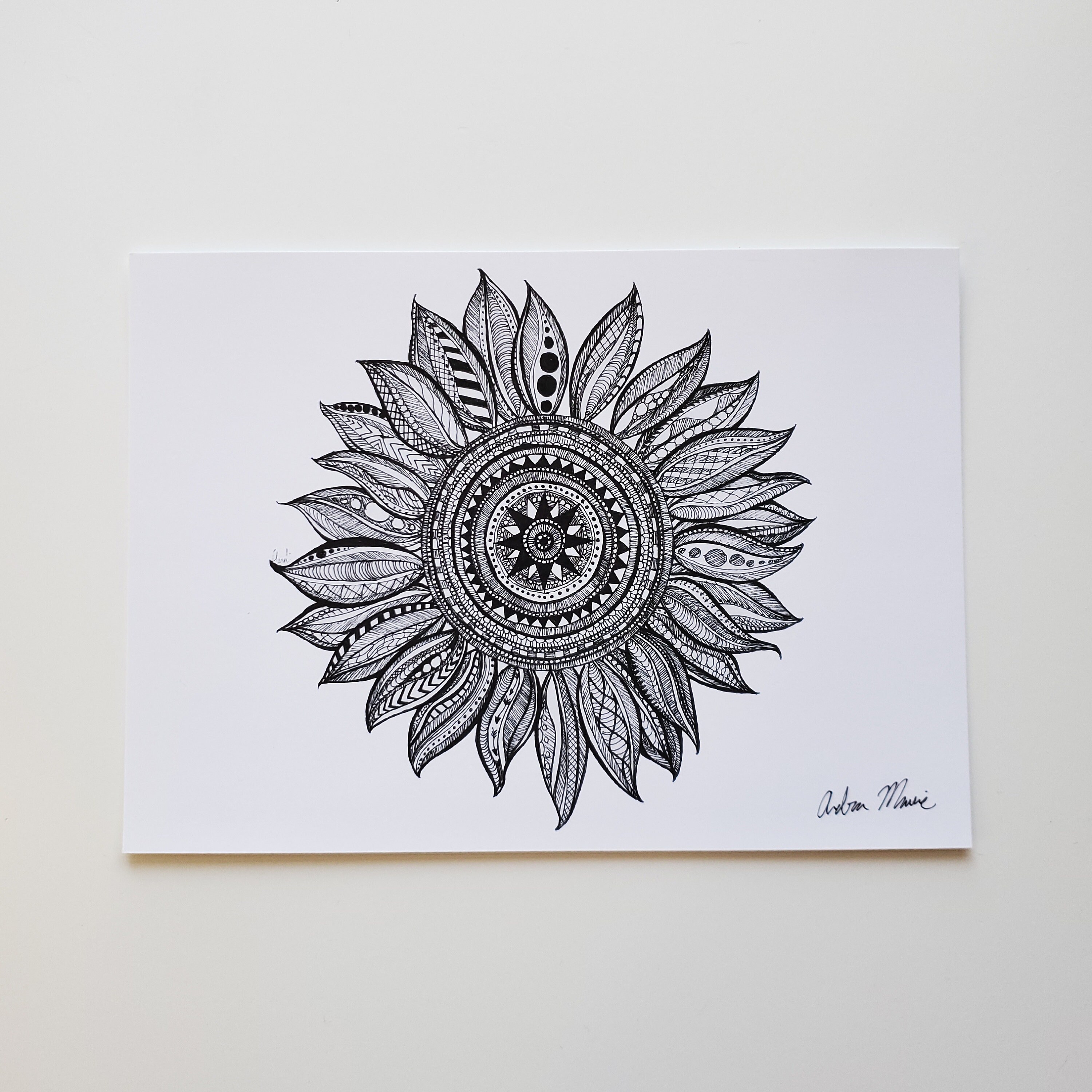 5x7 Zentangle Sunflower Art Print - Etsy