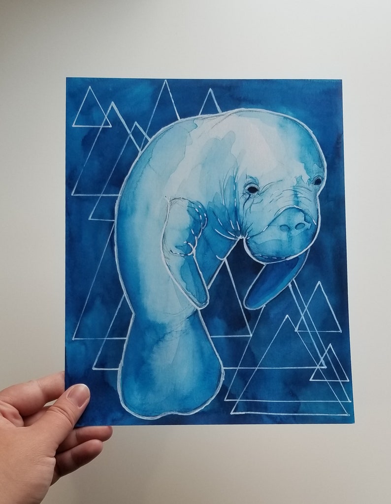 Blue Watercolor Manatee Art Print - Etsy