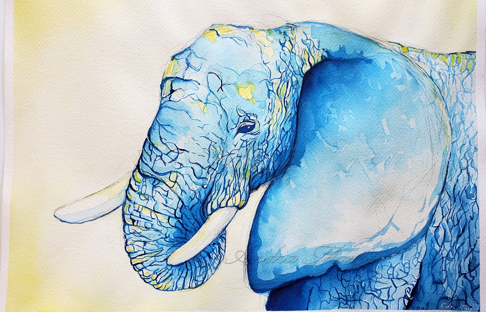 Blue and Yellow Elephant Original Watercolor Painting - Etsy