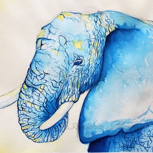 Blue and Yellow Elephant Original Watercolor Painting - Etsy