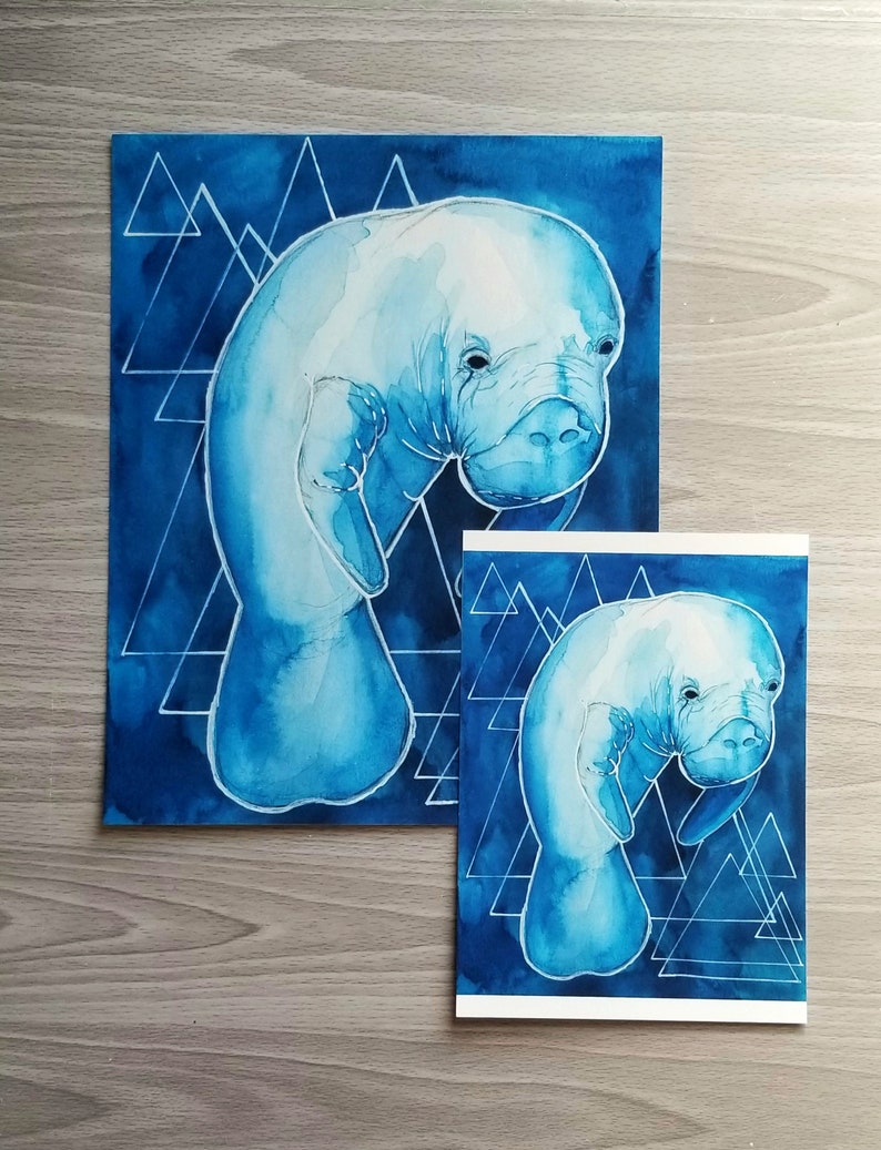Blue Watercolor Manatee Art Print - Etsy
