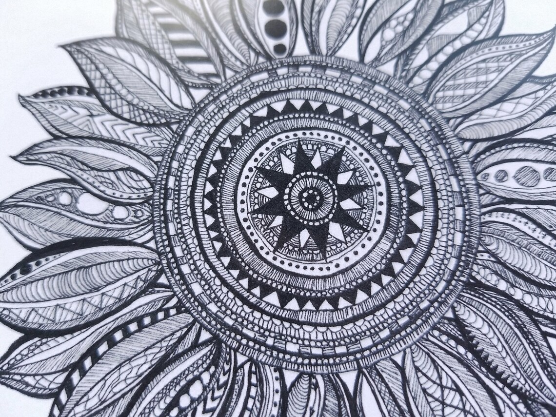 5x7 Zentangle Sunflower Art Print | Etsy