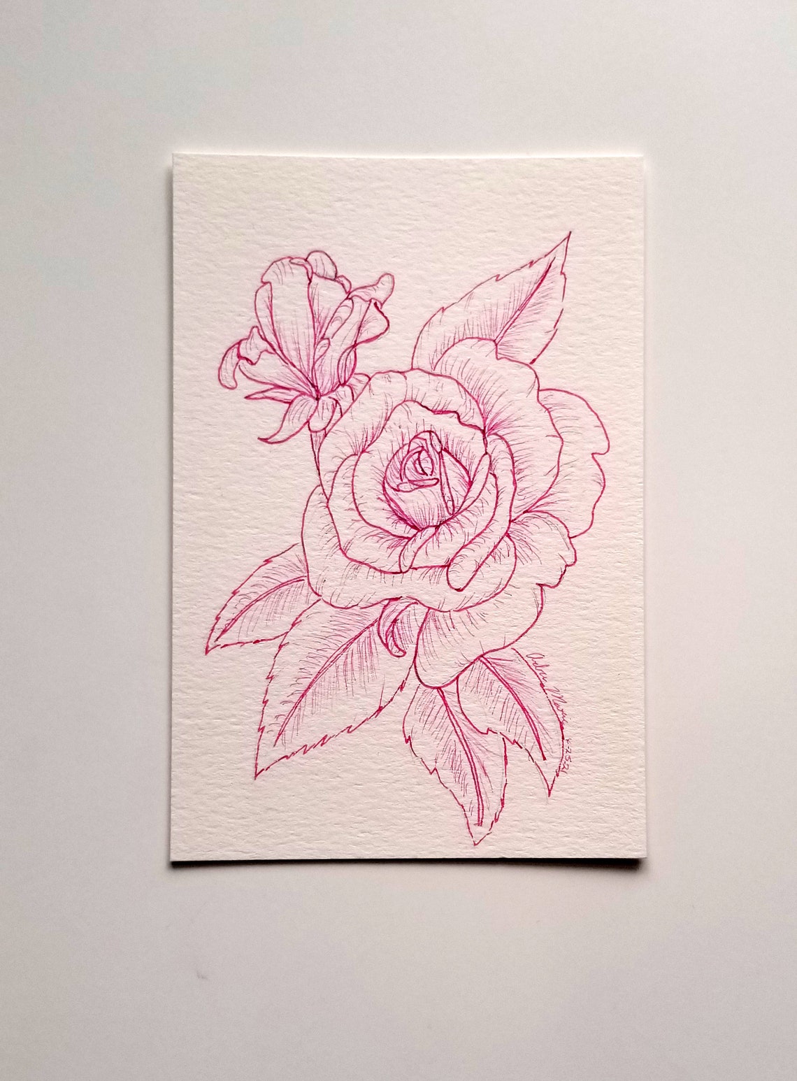 Pink Roses Original Line Art Drawing 4x6 Pen Art | Etsy