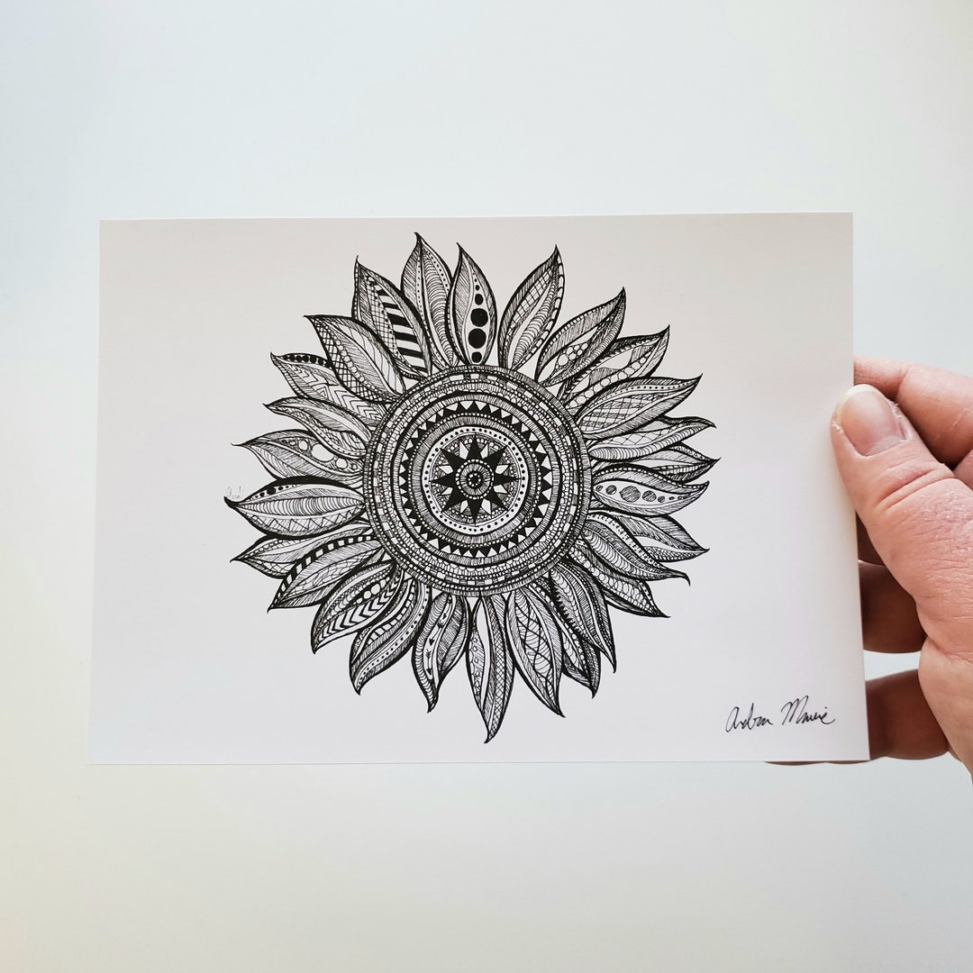5x7 Zentangle Sunflower Art Print - Etsy