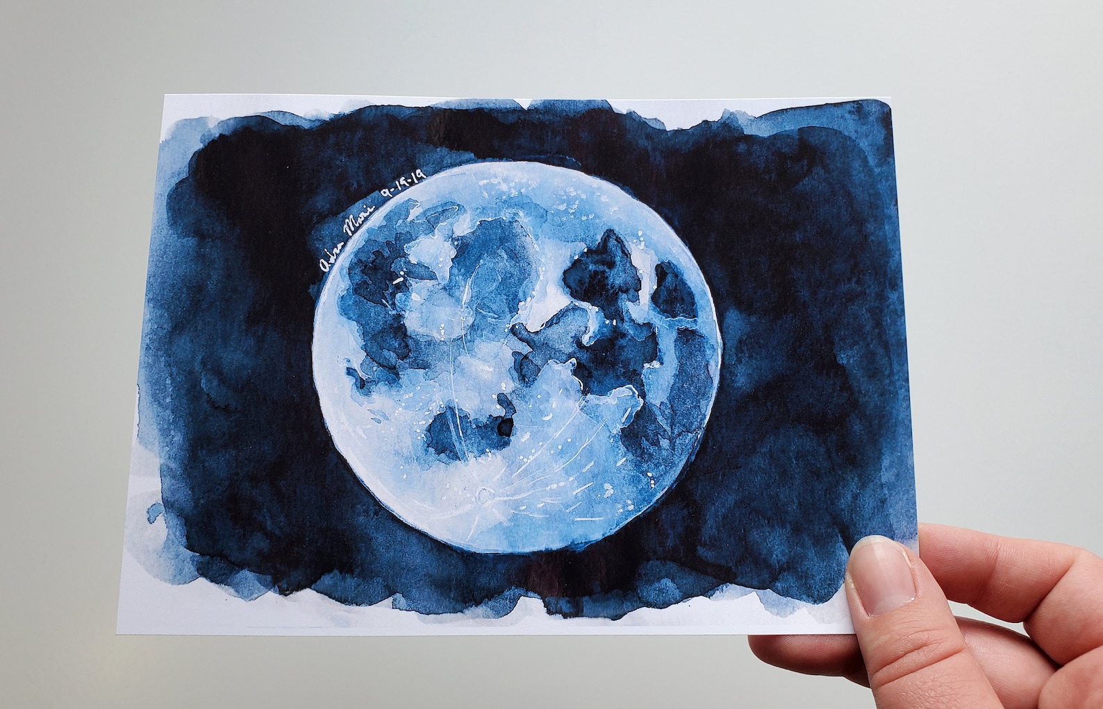 Blue Full Moon Watercolor Art Print - Etsy