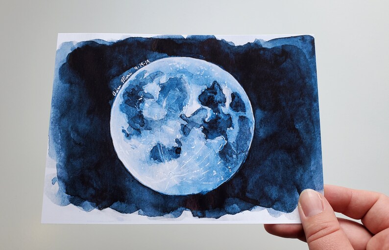 Blue Full Moon Watercolor Art Print | Etsy