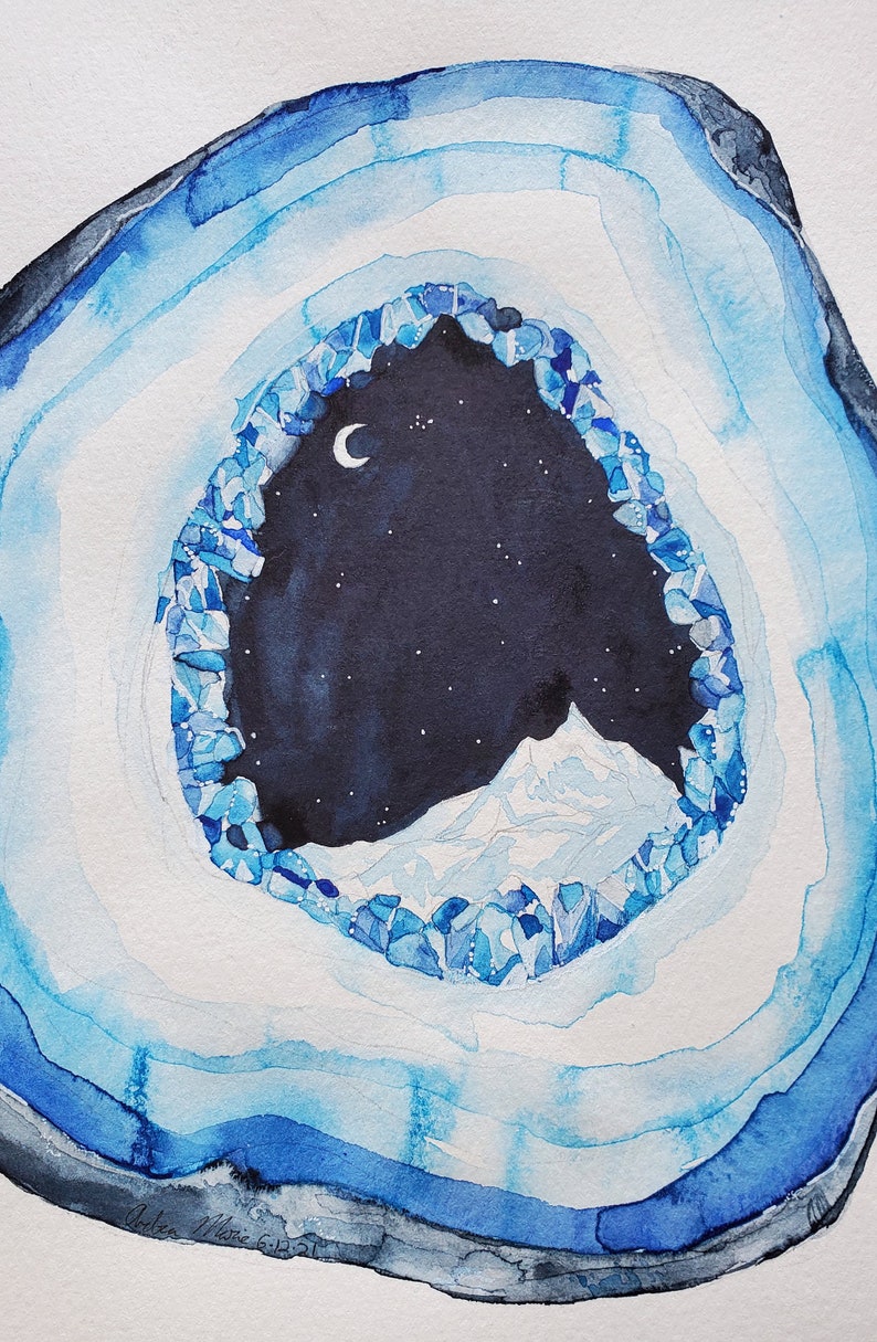 Blue Watercolor Mountain Geode Crystal 9x12 Original Painting | Etsy